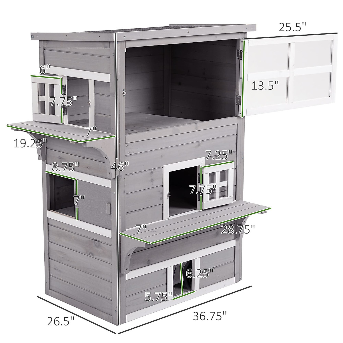 PawHut 3-Story Cat House Feral Cat Shelter, Outdoor Kitten Condo with Raised Floor, Asphalt Roof, Escape Doors, Jumping Platforms, Gray