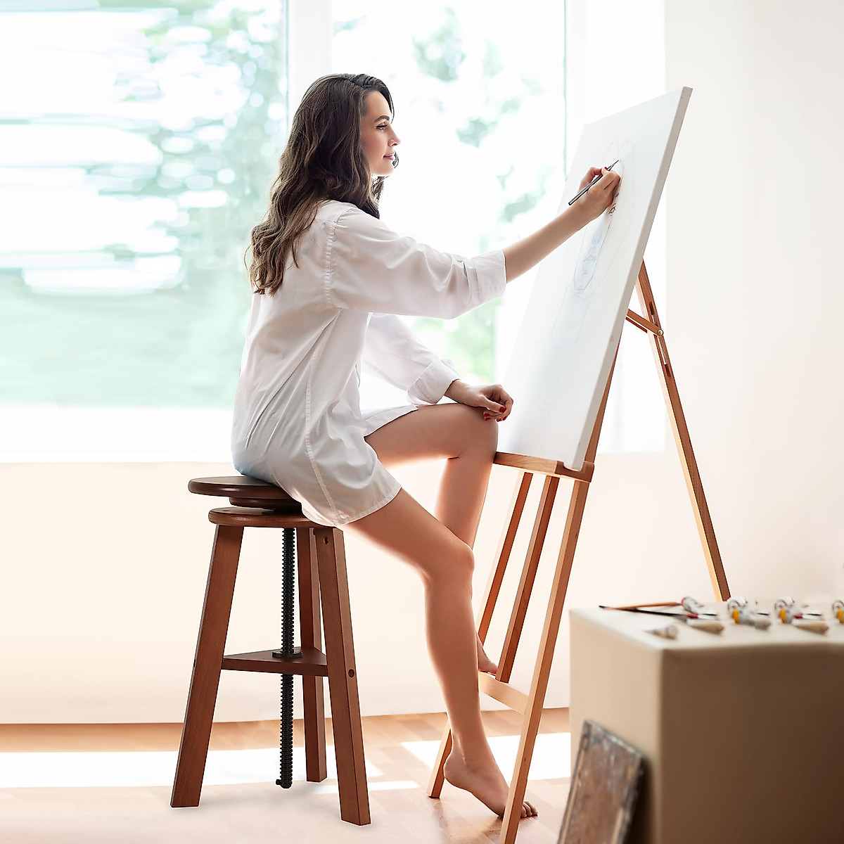 VISWIN 19"-26" H Wooden Adjustable Height Stool, Beech Wood Artist Stool for Drafting Table, Painting Stool for Artists, Adults, Wood Chair for Bar, Kitchen, Home Use, Office, Studio