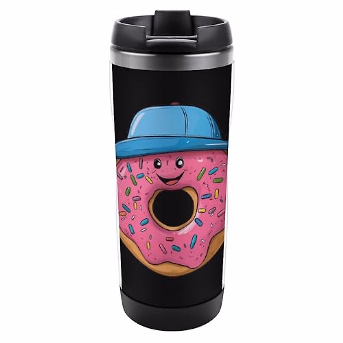 Cute Doughnut Donut Wearing Hat Travel Coffee Mug Reusable Insulated Drinking Cup with Lid for Home Outdoor Works 13 Oz