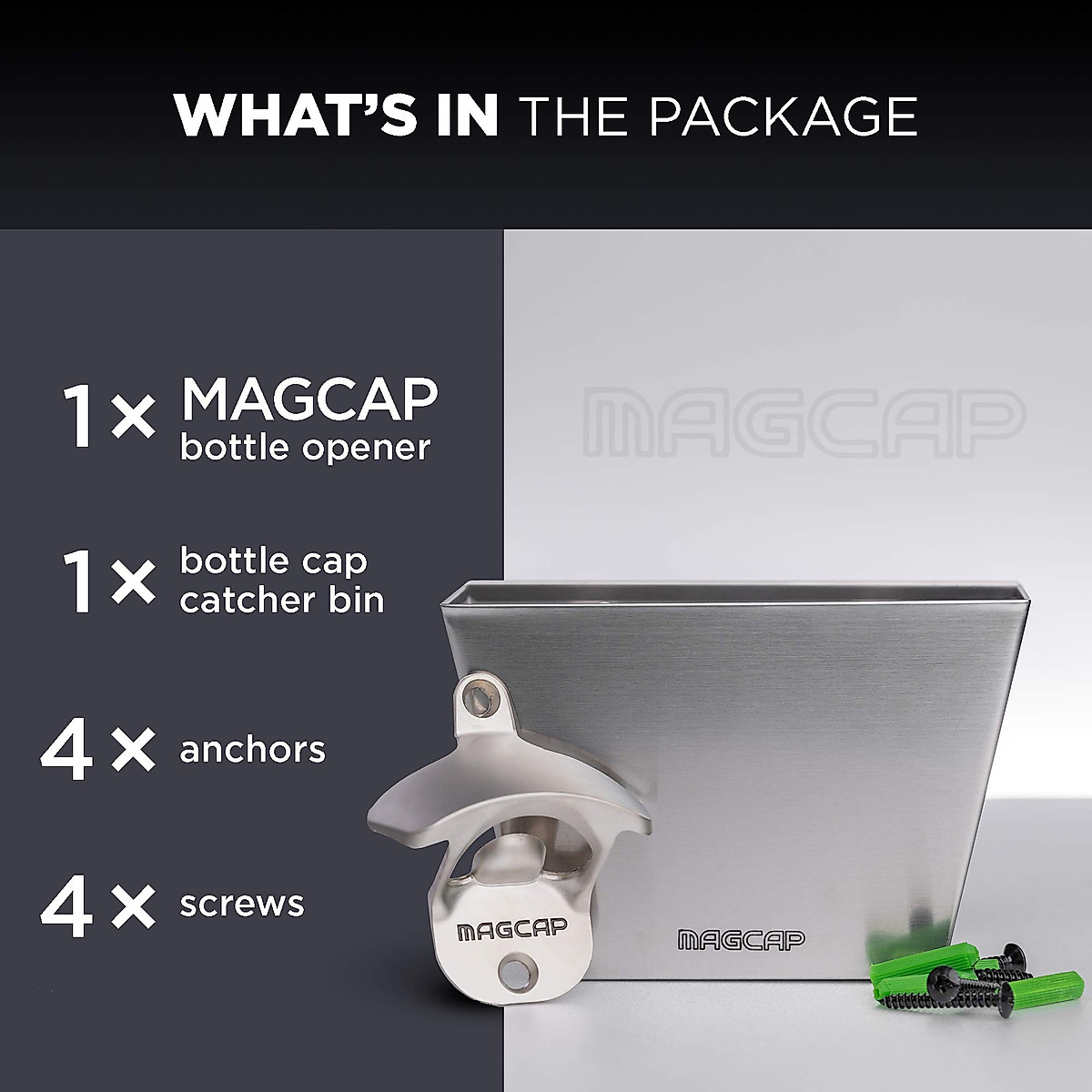 MAGCAP Magnetic Wall Mounted Bar - Style Bottle Opener and Bottle Cap Catcher Set for Beer and Sodas - Stylish, Easy to Install and Effortless to Use - Collects the Caps so You Don't Have to!