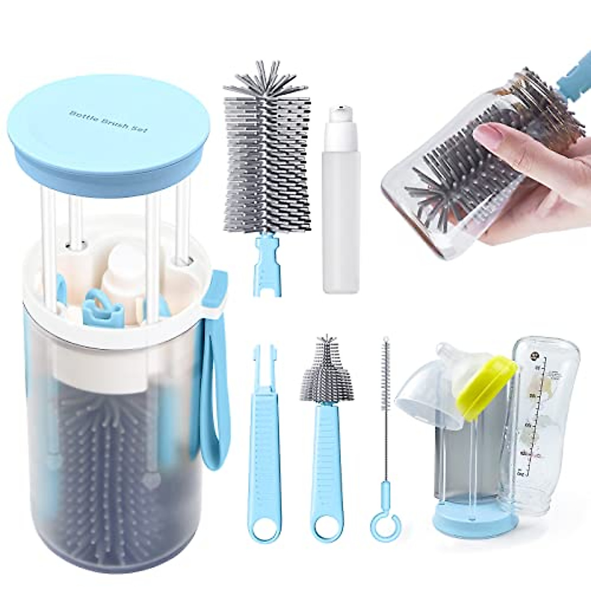 Travel Bottle Cleaner Kit with Baby Bottle Drying Rack, Silicone Liquid Brush, Nipple Brush, Straw Brush, Bottle Soap Dispenser, Baby Bottle Scrubber Brush - Portable Baby Bottle Brush Set, Blue