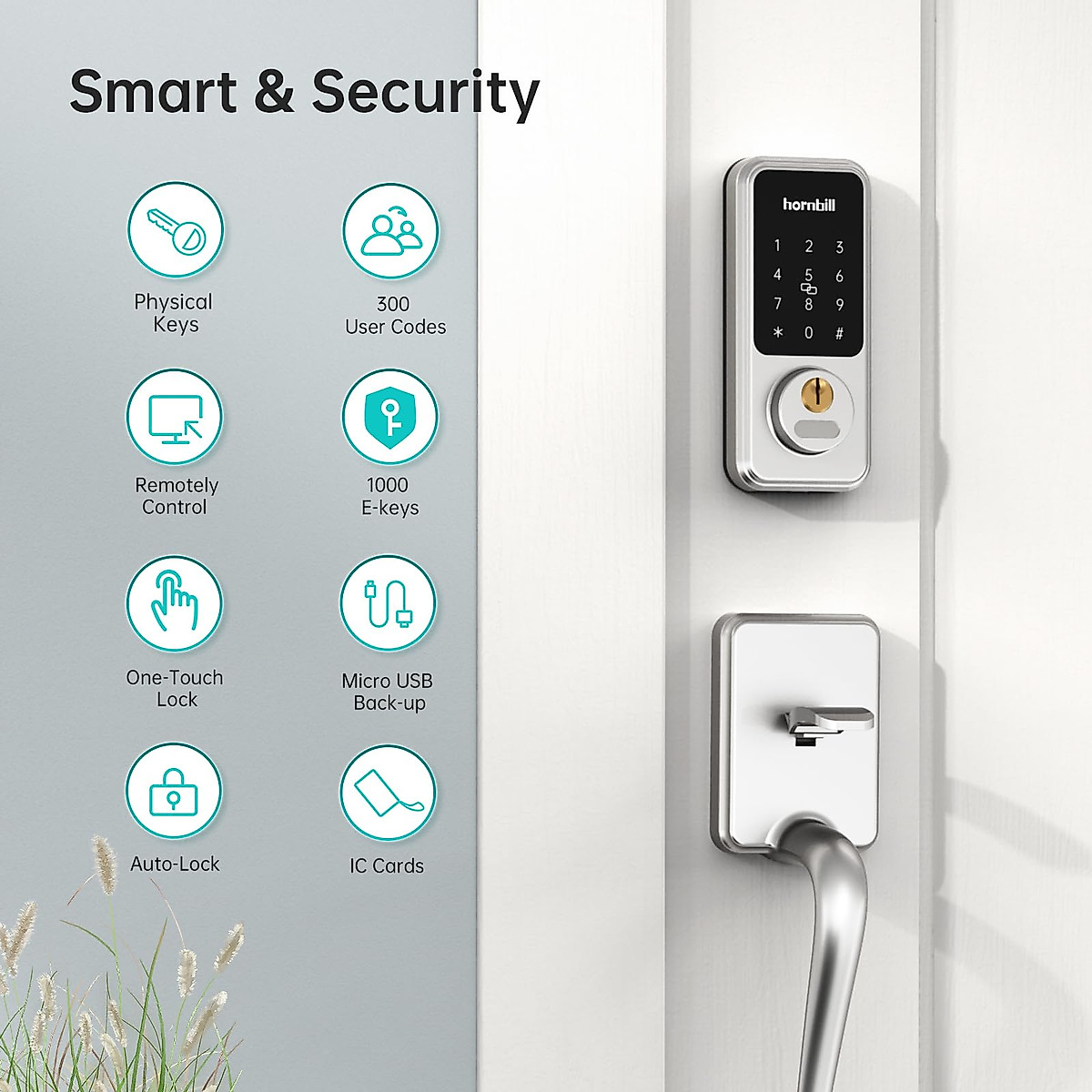 Wi-Fi & Bluetooth Smart Lock, Keyless Entry Smart Front Lock, hornbill Touch Screen Keypads, App Control, Auto Lock, Compatible with Alexa, Remotely Control