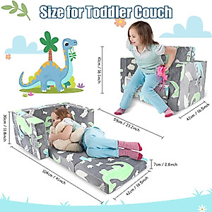 Fivetry Kids Sofa - Comfy 2-in-1 Kids Couch Bed Glow in The Dark Baby Modular Dinosaur Couch Kids Chairs Comfy Toddler Convertible Couch Bed for Girls and Boys, Grey