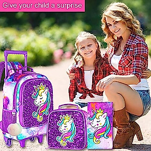 FTJCF 3PCS Rolling Backpack for Girls, Kids Unicorn Roller Bookbag with Wheels, Wheeled School Bag Set for Elementary - Purple