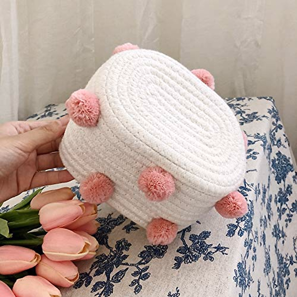 pizarra Cotton Woven Storage Basket Cute Pompom Decor Sundries Finishing Box Nordic Cosmetic Toys Organizer Pink S