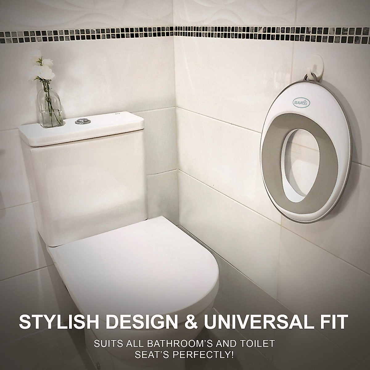 Baby and Toddler Potty Training Seat For Boys and Girls by LittleBearBig - Portable White and Gray Topseat for Toilet with Hook - Fits Oval/Round Lid - Travel Friendly - Stylish Design -Non-Slip Ring