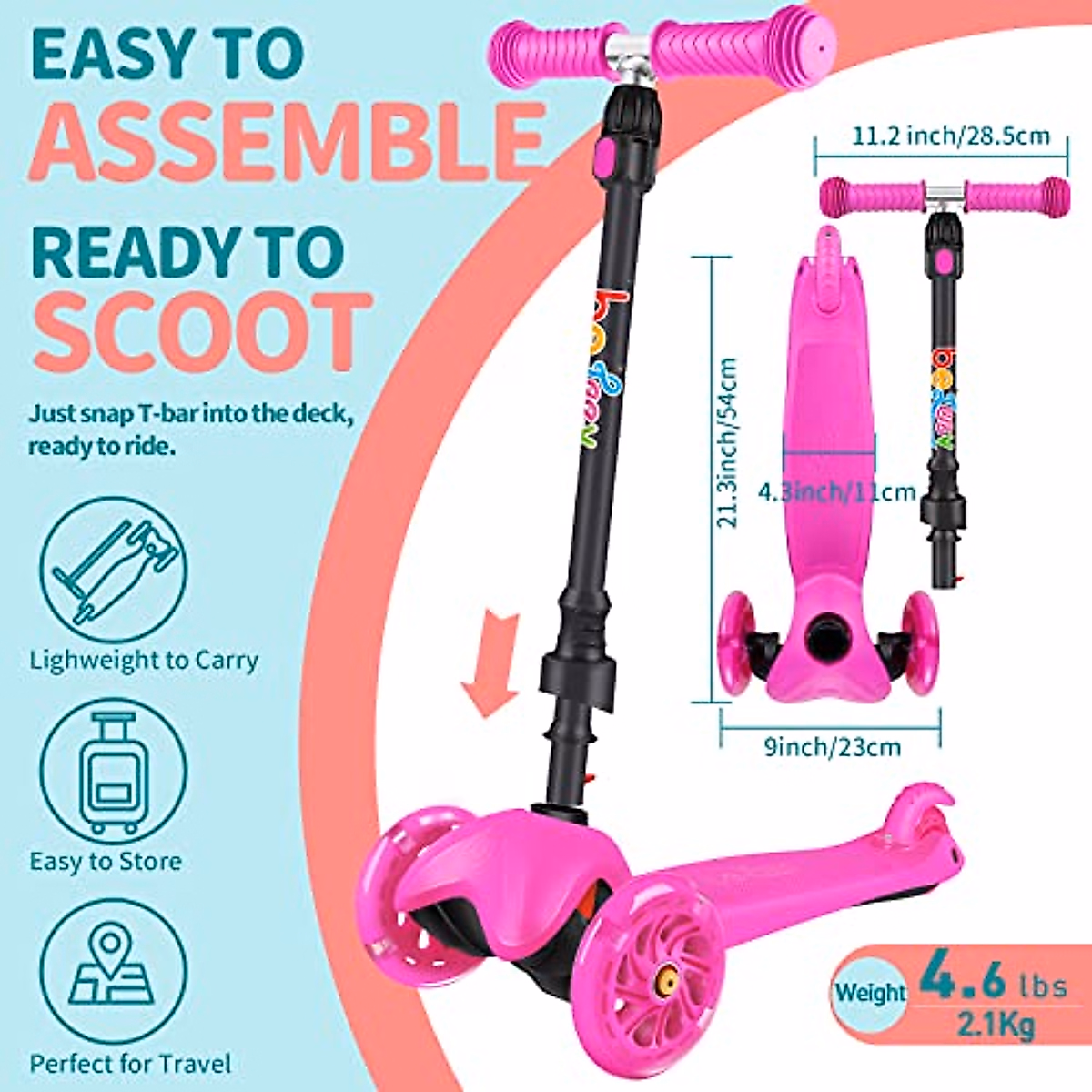 BELEEV A1 Scooter for Kids Ages 2-6, 3 Wheel Scooter for Toddlers Girls Boys, PU Light-Up Wheels, 4 Adjustable Height, Lean to Steer, Non-Slip Deck, Three Wheel Kick Push Scooter for Children (Pink)