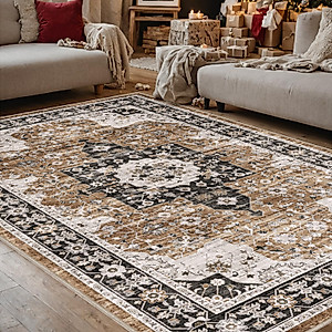 DEXI Washable Area Rug, Soft Vintage Indoor Rugs for Bedroom Living Room Kitchen Dining Room, Non-Slip Low-Pile Floor Carpet Mat for High Traffic Inside House, 8'x12', Brown