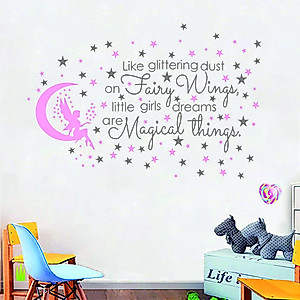 ANFRJJI Fairy and Dream Wall Sticker - Removable PVC Decal with Glittering Wings and Magical Quote - Fairy Moon and Stars Wall Art for Girls Bedroom, Kids Room -effect 24"x35"inch (Gray-JWH290-Fairy