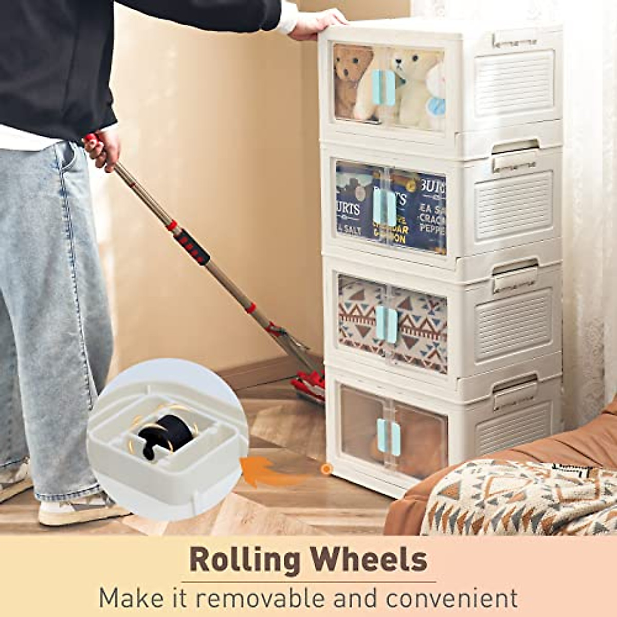 ELUCHANG Collapsible Storage Bins with Lids, Storage Bins 47Qt. Foldable Stackable Storage Box for Organization with 2 doors, 4 Wheels& Secure Buckle(Double Doors, 47Qt.)