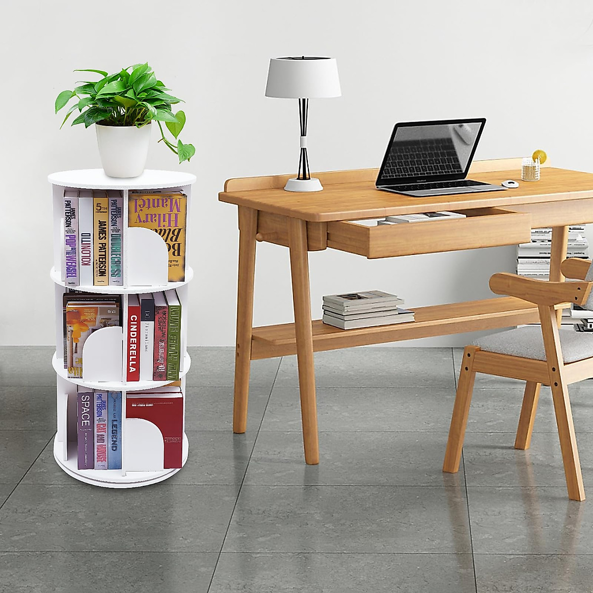 3 Tier White Rotating Bookshelf, 360 Display Small Book Shelf, Corner Bookshelf for Small Space, Floor Standing Bookcase Storage Rack, PVC Narrow Book Shelf Organizer for Office, Bedroom, Living Room