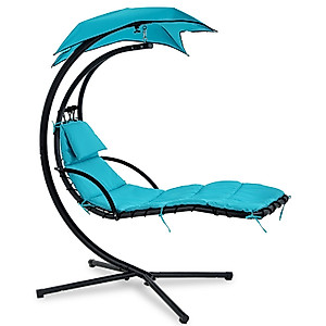 Dkelincs Hanging Lounge Chair, Outdoor Swinging Curved Chaise Lounge Chair with Canopy Umbrella and Pillow for Outside, Large Heavy Duty Egg Chair for Porch Patio Backyard Deck Blue