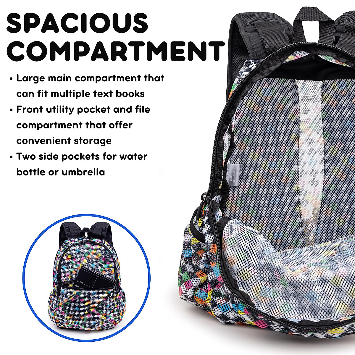 J World New York Mesh Backpack for Adults. Transparent See-Through Book-Bag for School, Beach, Swim, Gym, Checkers, 18 X 13.5 X 8.5 (H X W X D)