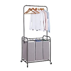 STORAGE MANIAC 136L Laundry Sorter with Hanging Bar, Portable, Removable Laundry Hamper Cart with Heavy Duty Rolling Lockable Wheels and Removable Bags, Rolling Laundry Basket Organizer, 3 Section