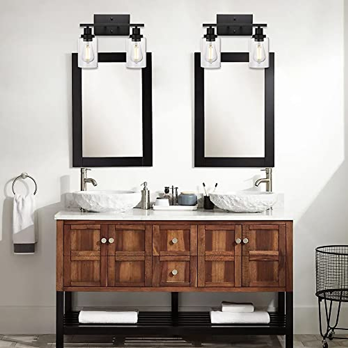 MELUCEE 2-Light Black Wall Sconce Industrial Vintage with Clear Glass Shade and Metal Base, Bathroom Vanity Lights Hallway Light Fixture Sconces Wall Lighting