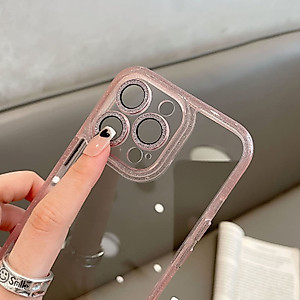 Eiyikof for iPhone 14 Pro Max Case with Bling Camera Lens Protector Cover Cute Sparkly Diamond Slim Clear Back & Glitter Bumper Silicone Shockproof Protective Case for Girls Women-Pink