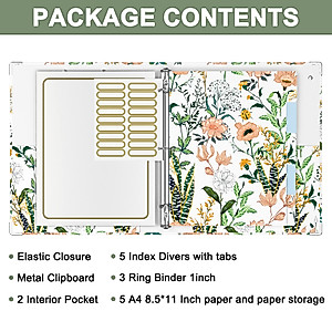 Rouidr 3 Ring Binder with clipboard, 1 inch 8.5 x 11 in Letter Size View Binders Organizer with Dividers Tabs & Clear Sleeves, School Supplies, Office Supplies, Cute Flower