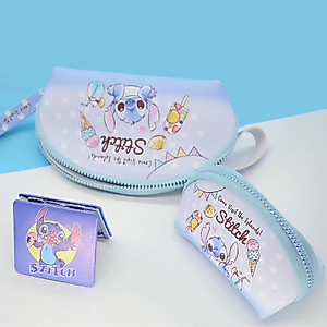 Kawaii Stitch Travel Cosmetic Bag & Coin Purse Set, Cosmetic Pouch Makeup Bag with Zipper, PU Travel Toiletry Bag Makeup Accessories Organizer, Foldable Storage Bags Makeup Pouch for Women Girls