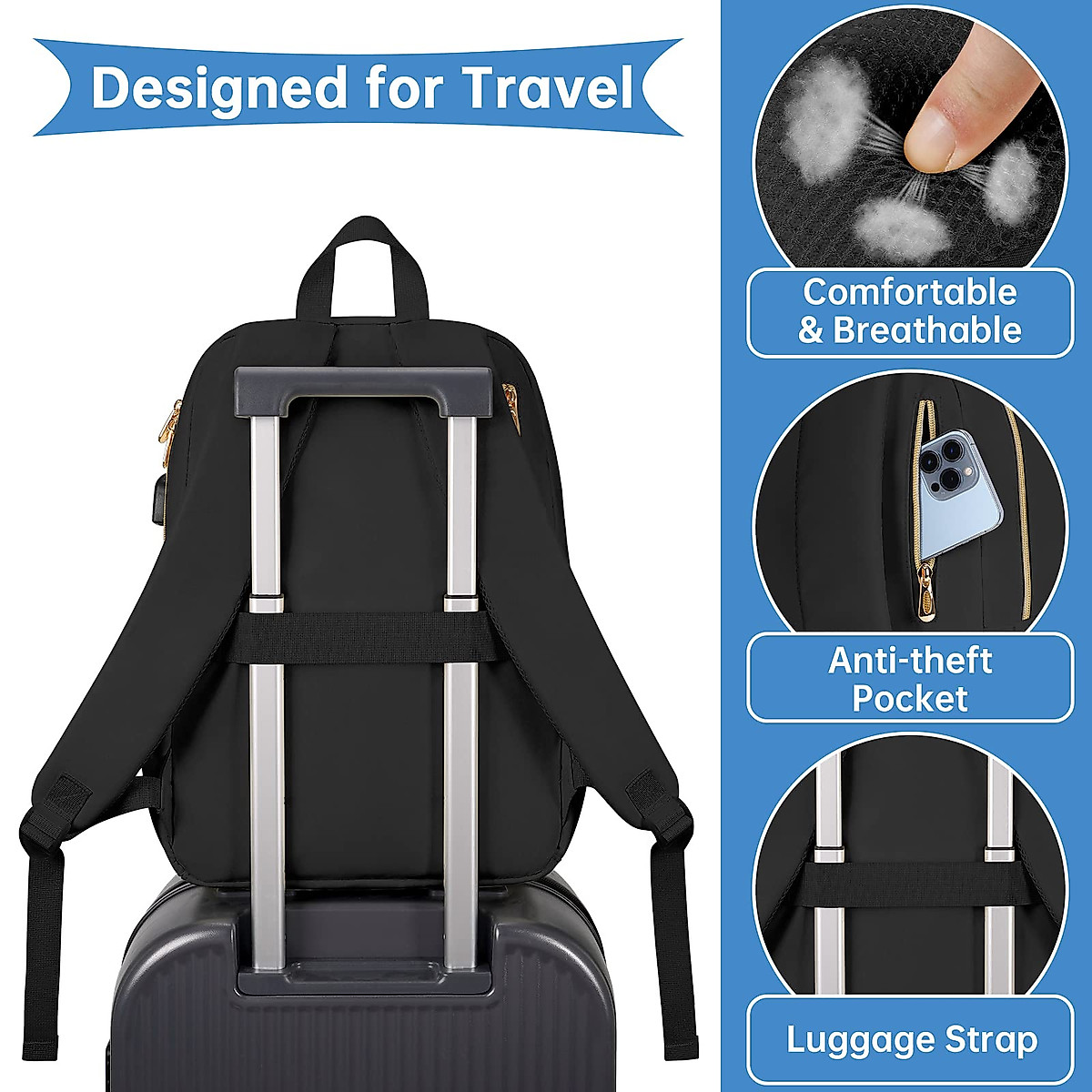 VSNOON Laptop Backpack Women, 15.6 Inch College School Bookbag, Water Resistant Travel Work Backpack with USB Charging Port, Large Capacity Teacher Nurse Bags Casual Daypacks for School College, Black