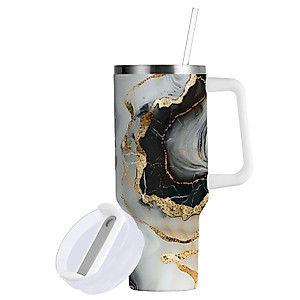 ALAZA Marble Black & Gold 40 oz Tumbler Stainless Steel Water Bottle Vacuum Insulated Cup with Straw Lid & Handle For Travel Car Cup Holder