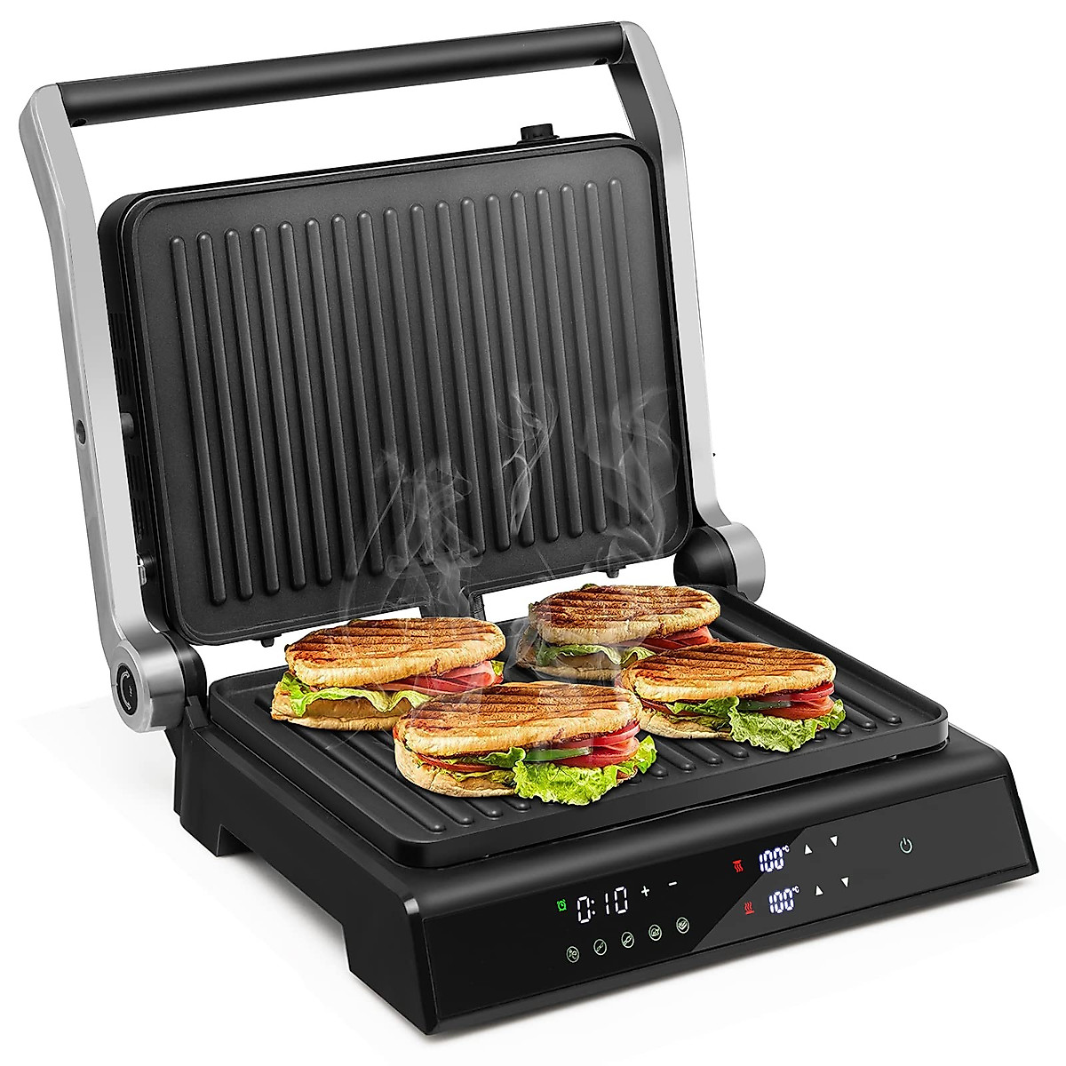 COSTWAY Electric Panini Press Grill, 1200W Sandwich Maker with Non-Stick Double Sided Plates, Independent Temperature Control & Removable Drip Tray, Opens 180 Degrees to Fit Any Size of Food