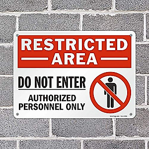 SmartSign 10 x 14 inch “Restricted Area - Do Not Enter, Authorized Personnel Only” OSHA Metal Sign, 40 mil Laminated Rustproof Aluminum, Red, Black and White