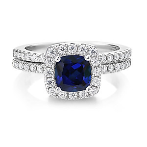 Gem Stone King 925 Sterling Silver Blue Created Sapphire and Moissanite Wedding Engagement Ring Band Bridal Set For Women (1.52 Cttw, Cushion 6MM, Available in size 5, 6, 7, 8, 9)