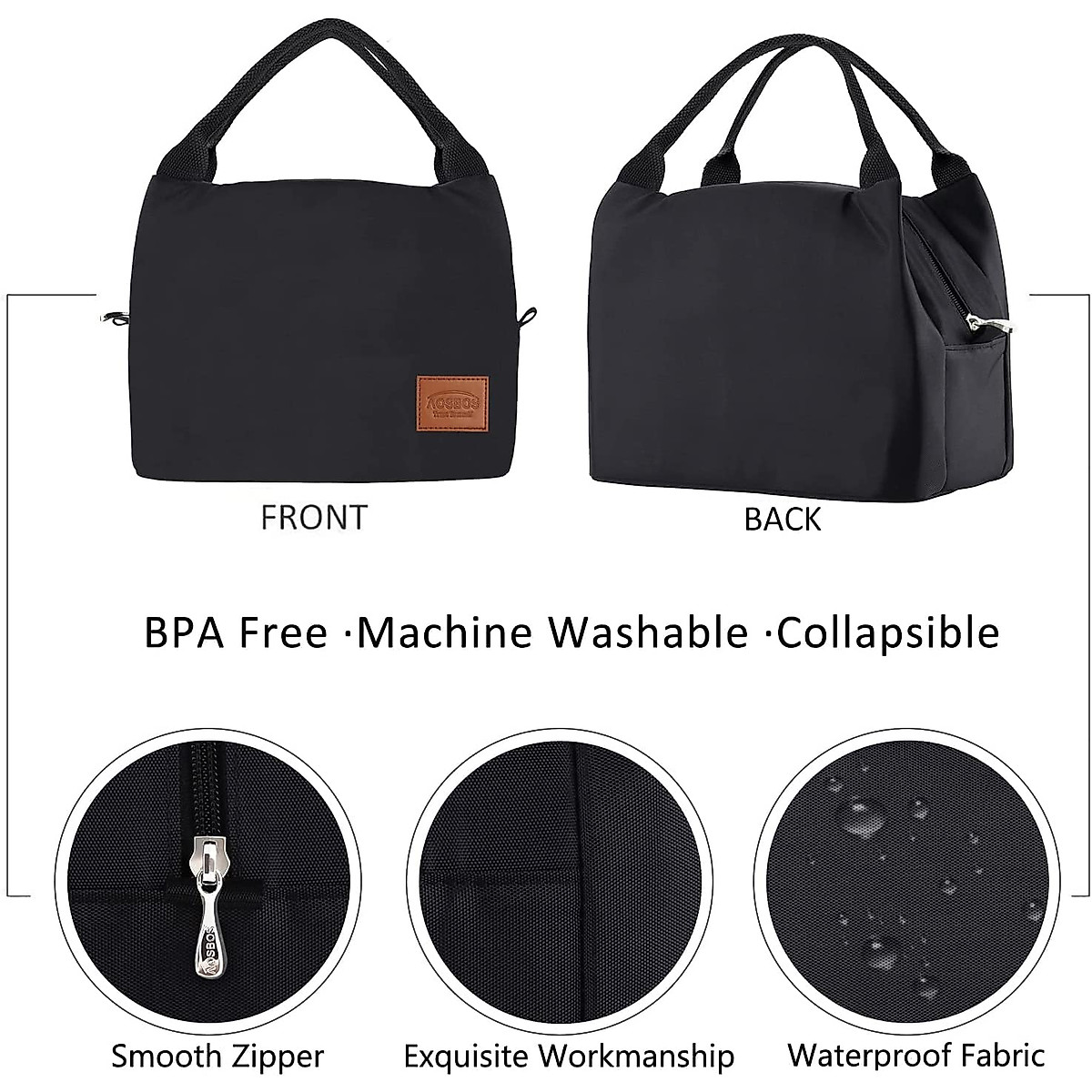 Aosbos Black Lunch Bag Women Teens Insulated Lunch Box Men Adult Lunchbox Lunch Tote Reusable Meal Prep Container Bag Bento Box Cooler Bag for Work Office Picnic Loncheras Para Hombres Mujer