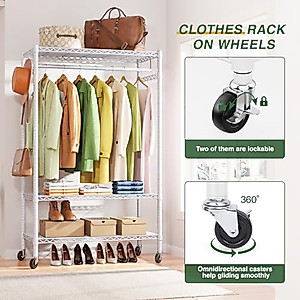 LEHOM G1 Heavy Duty Clothes Rack, 3 Tiers Rolling Garment Rack for Hanging Clothes, Adjustable Wire Clothing Rack with Storage Shelves, Lockable Wheels Freestanding Closet Wardrobe for Bedroom, White