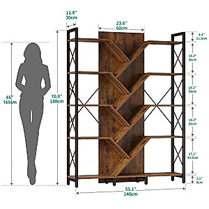 YITAHOME Industrial Tree Bookshelf, Large 5 Tier Bookcase Tall Standing Book Shelves Organizer Display Rack for Bedroom Living Room Office, Rustic Brown
