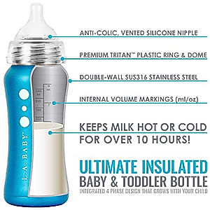 Ultimate Stainless Steel Baby Bottle 9oz Insulated Baby Bottle | Insulate Milk for 10+ Hours | Non-Toxic Food-Grade Stainless Steel & Food-Grade Silicone Slow Flow Nipple | Leak-Free Design - Blue