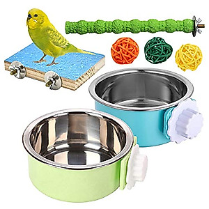 kathson Bird Parrots Feeding Cups, Stainless Steel Coop Cup Food & Water Bowl Feeder Dish Cup with Parrots Perch Stand Platform Toys for Lovebird Budgies Finches Cockatiel(7 PCS)