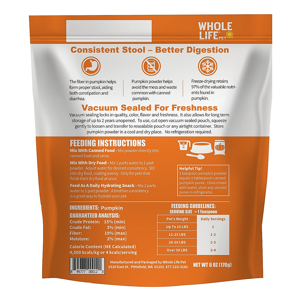 Whole Life Pet Pumpkin Powder for Dogs and Cats. Firms Stool, Relieves Diarrhea. Mix with Water for Instant Puree. No Mess or Waste from Cans. Human Grade Quality