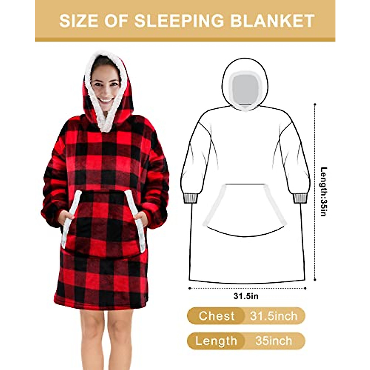 Oversized Wearable Blanket Hoodie, Sherpa Fleece Hoodie Blanket Sweatshirt with Pockets for Adult Women Men,One Size Fits All