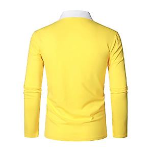 HOOD CREW Mens Long Sleeve Polo Shirts Fashion Color Block Zipper T shirts Yellow 3XL