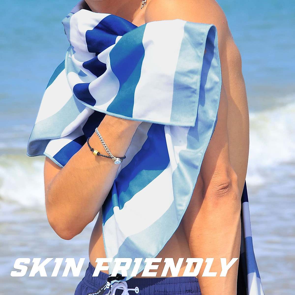 Exclusivo Mezcla Large Microfiber Quick Dry Beach Towel, Lightweight Sand-Free Cabana Stripe Pool Travel Camping Towel with Bag (Blue, 30x60 Inches)