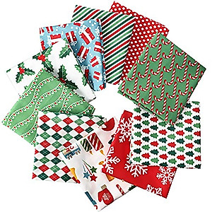 10 Pieces Christmas Cotton Fabric Squares Precut Quilting Fabric Patchwork Christmas Snowflake Print Red Green Fabric for Xmas Sewing Crafting DIY Supplies (50 x 50 cm/ 19.68 x 19.68 Inch)