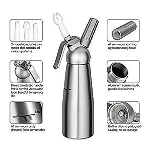 Professional Aluminum Whipped Cream Dispenser Cream Maker 500mL (1 Pint) for Desserts Gourmet Cream Whipper with 3 Decorating Nozzles