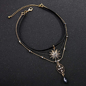 Yifnny Choker Necklaces for Women, Star Layered Pendant Necklace Multilayer Necklace Vintage Choker with Teardrop Chain & Black Leather Choker Gothic Layered Necklace for Women (Star)