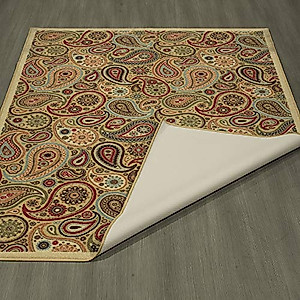 Machine Washable Paisley Design Non-Slip Rubberback 5x7 Traditional Area Rug for Living Room, Bedroom, Kitchen, 5' x 6'6", Beige