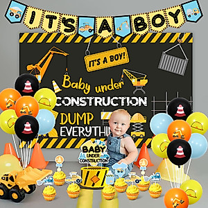 Balterever Construction Baby Shower Decorations for Boys With Construction It’s a Boy Banner Dump Truck Cake Cupcake Toppers Construction Baby Shower Backdrop for Under Construction Theme Party
