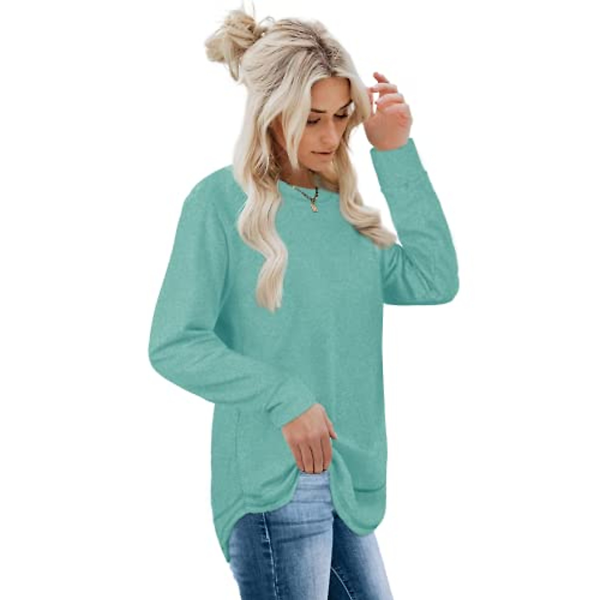 Long Sleeve Tops for Women Loose Fit Dressy Tunic DarkTurquoise L