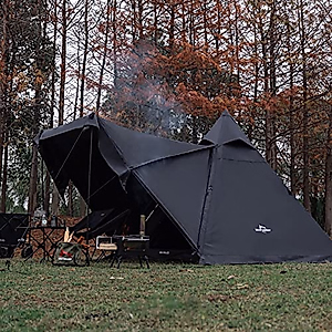 Wolf Walker Camping Tent for 4-5 Person Teepee Indian Tent with Windproof Belt Double Layers Waterproof Sunscreen Shelter Anti-UV Pyramid Spire Yurt Tents for Outdoor Family Hunting Black