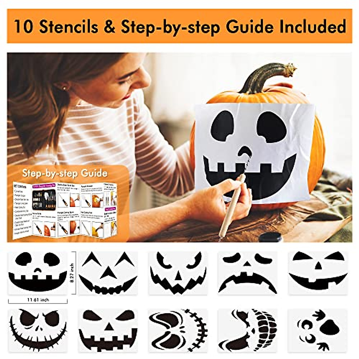 25 PCS Halloween Pumpkin Carving Kit, Shuttle Art 15 PCS Professional Premium Quality Stainless Steel Pumpkin Carving Tools with 10 Pumpkin Stencils Carrying Case for Kids Adults Sculpting and Carving