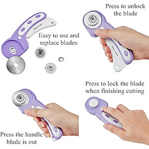 45mm Rotary Cutter for Fabric, Ergonomic Handle Rolling Cutter with Safety Lock for Fabric Leather Crafting Sewing Quilting, Fabric Cutter Wheel Perfect for Left & Right Hand (Purple)