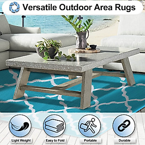 OutdoorLines Outdoor Plastic Area Rugs for Patio 4x6 ft - Reversible Outside Carpet, Stain & UV Resistant RV Mats, Straw Rug for Camping, Deck Garden, Porch and Balcony, Moroccan Teal & Light Grey