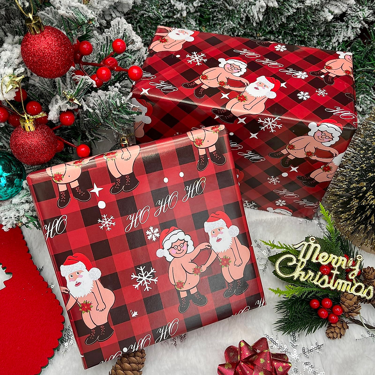 Dtiafu Funny Christmas Wrapping Paper Naughty Santa Gift Wrap Paper Bulk Folded Flat Inappropriate Red Black Plaid Gift Wrapping Paper for Women Men Adult Grandba Grandma Holiday Birthday Baby Shower