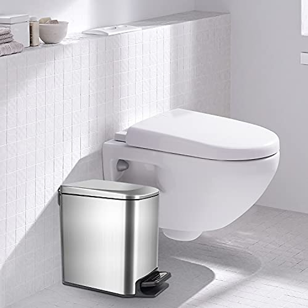 LINAN 6 Litter/1.6 Gallon Small Bathroom Trash Can with Lid Soft Close, Rectangular Garbage can for Office, Living Room, Kitchen and Bathroom, Brushed Stainless Steel