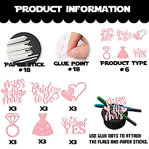 18pcs Pink Glitter Ring Dessert Cupcake Topper She Said Yes Bachelorette Bridal Shower Party Theme Decor Supplies Happy Birthday Night Out Movie Wedding Anniversary Party Decoration