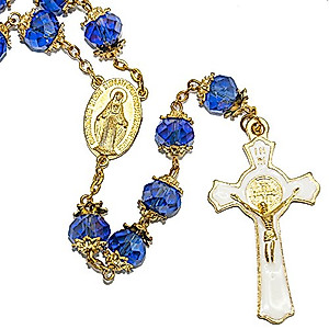 St Benedict Gold Plated Deep Blue Crystals Rosary Beads Miraculous Medal Catholic